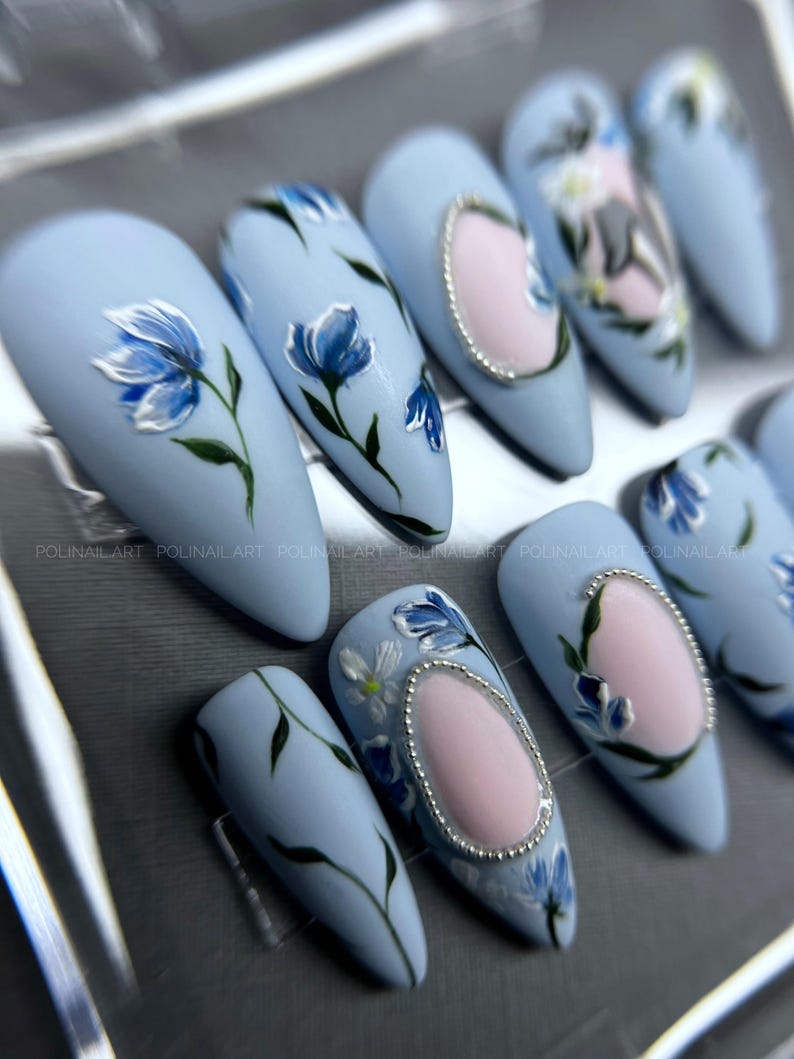 Blue Matte Almond Nails With Flowers and Cute Rabbit Ears, Perfect for ...