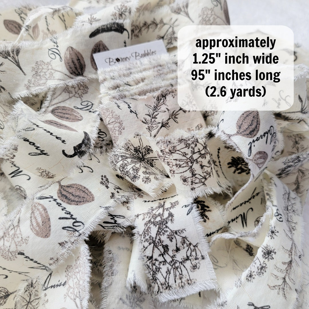 2.6 Yards Herbs Frayed Fabric Ribbon, Shabby Hand Torn Herbal Words ...