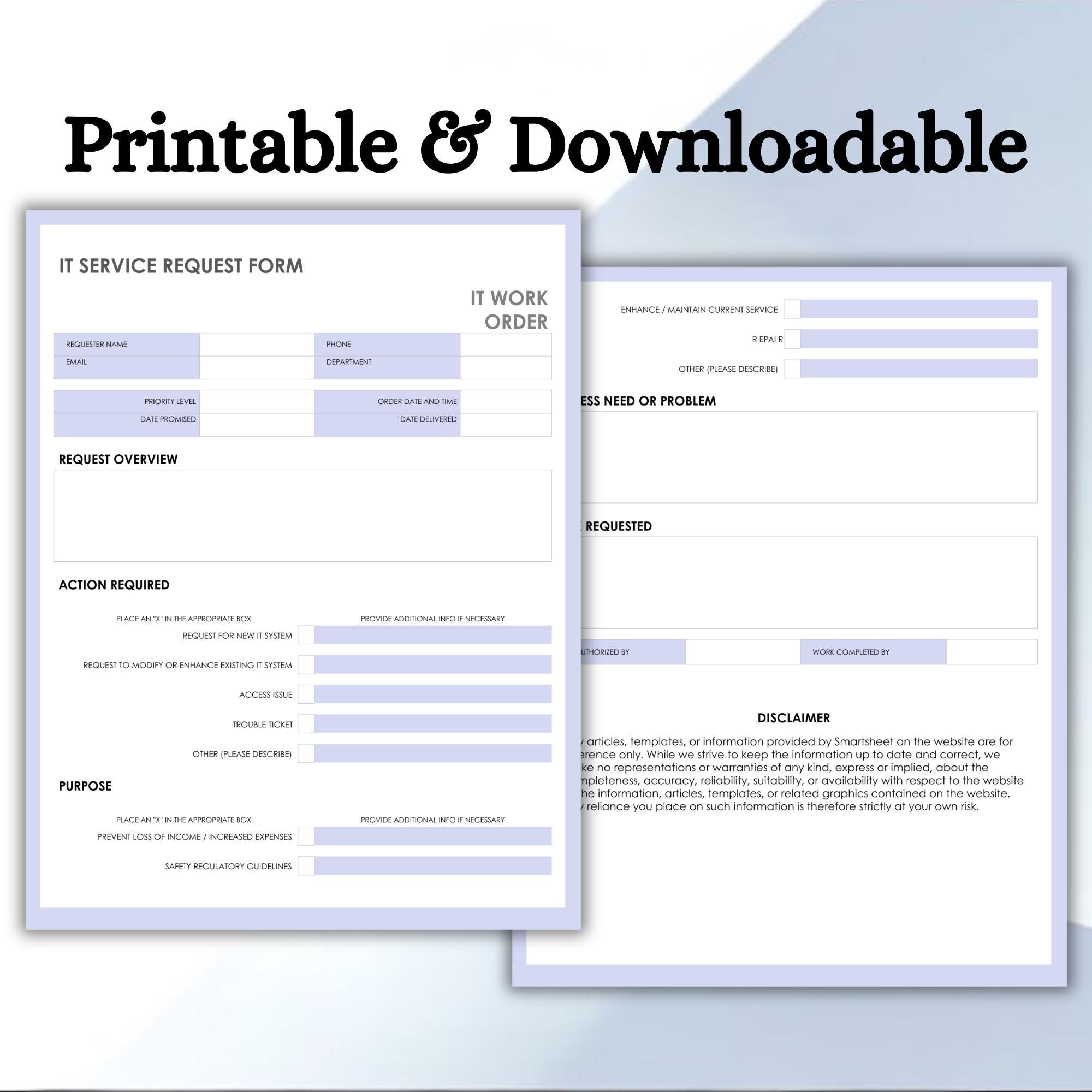 Editable IT Service Request Form Template | Instant Download ...
