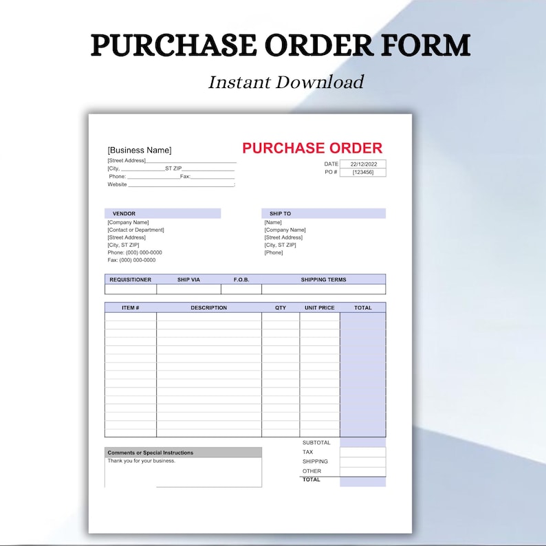 Editable Purchase Order Form Template: Customizable Business Tool (a4 ...