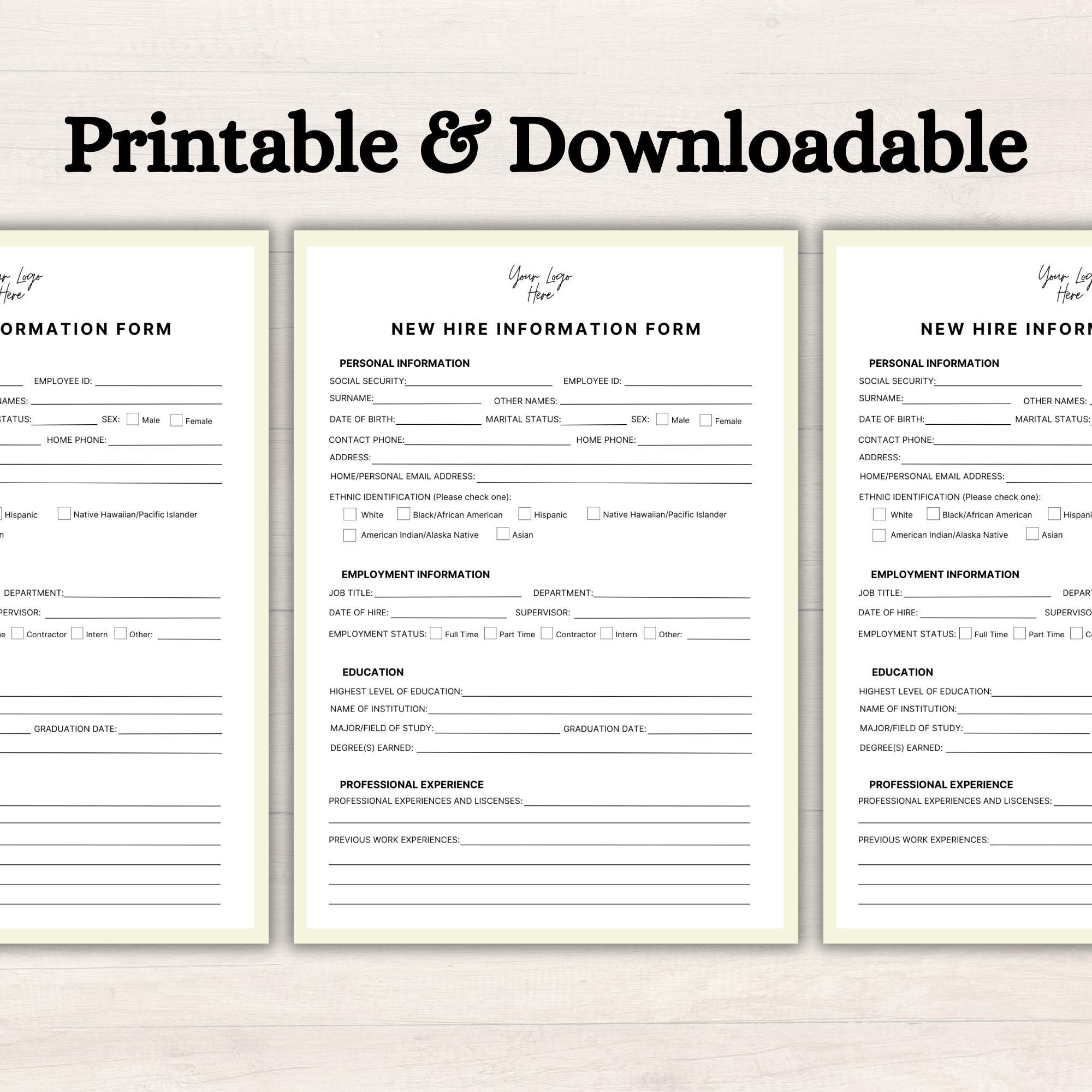 New Hire Information Form | New Hire Checklist | Employee Information ...