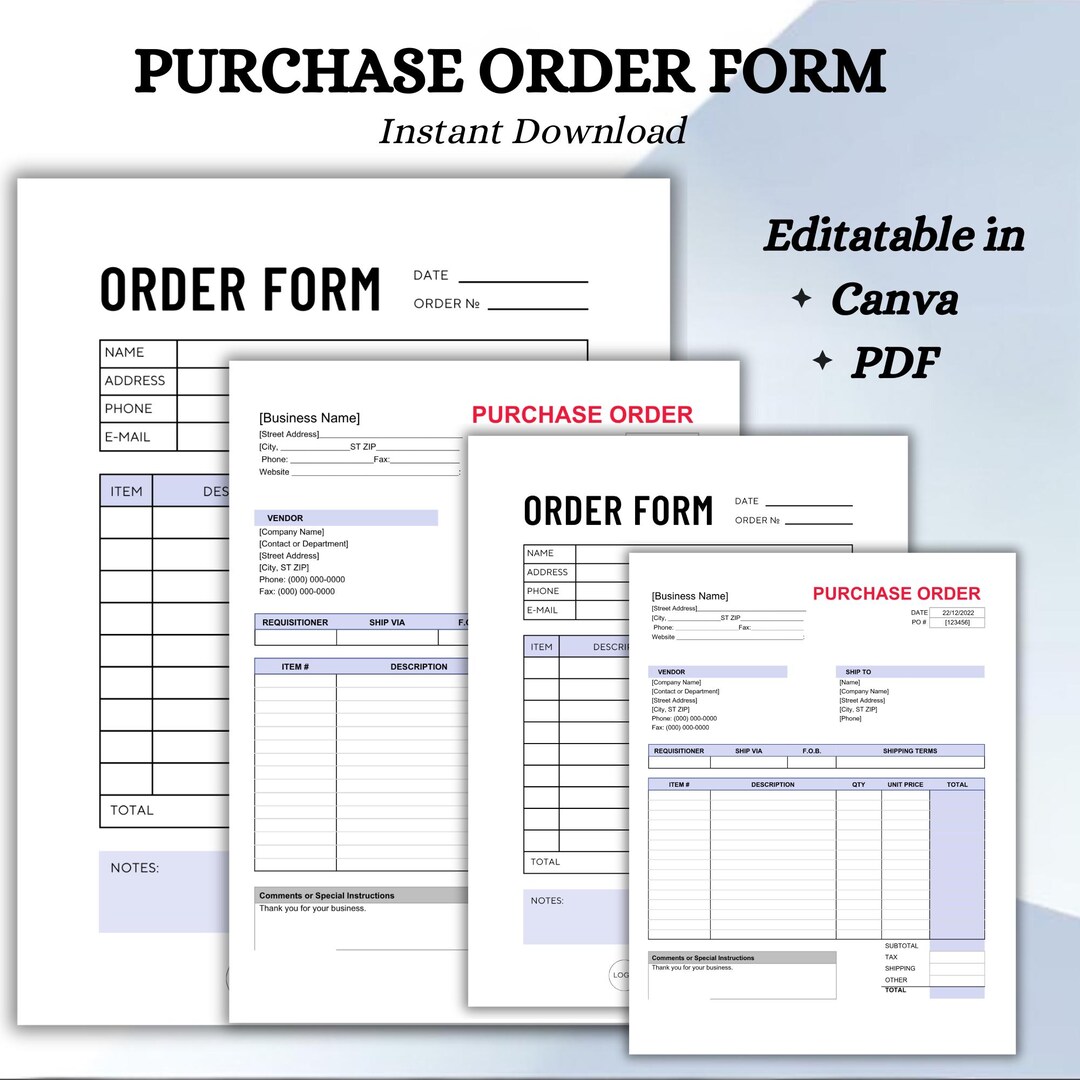 Editable Purchase Order Form Template, Printable Order Form ...