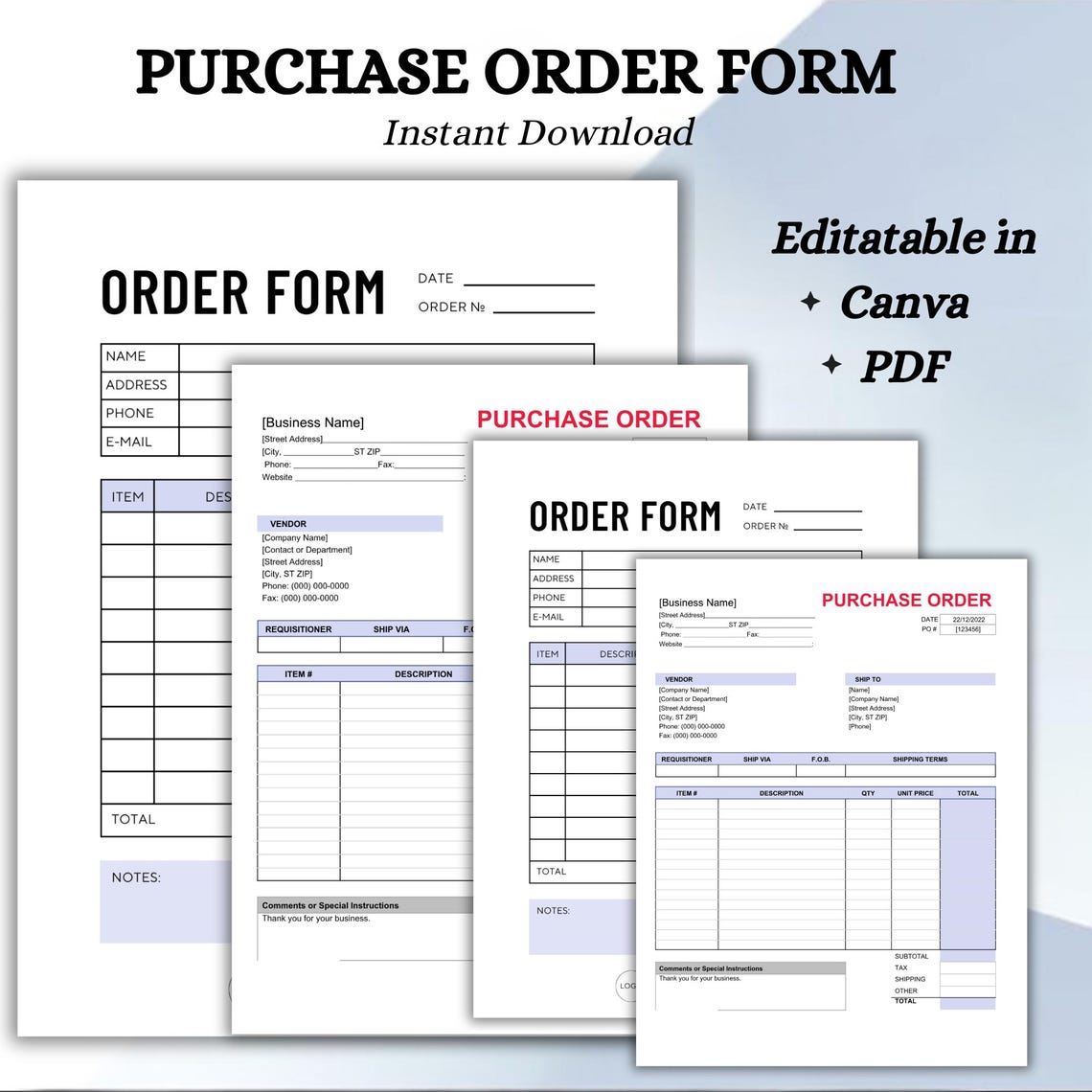 Editable Purchase Order Form Template: Customizable Business Tool (a4 ...