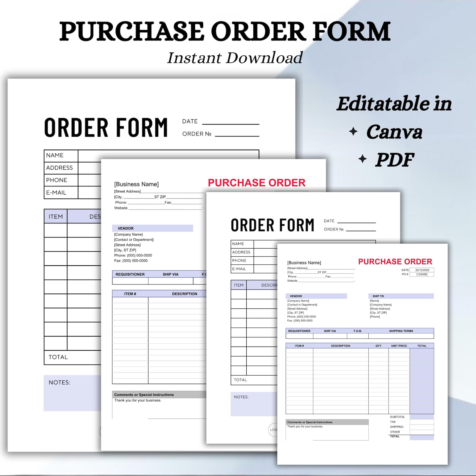 Editable Purchase Order Form Template: Customizable Business Tool (a4 ...