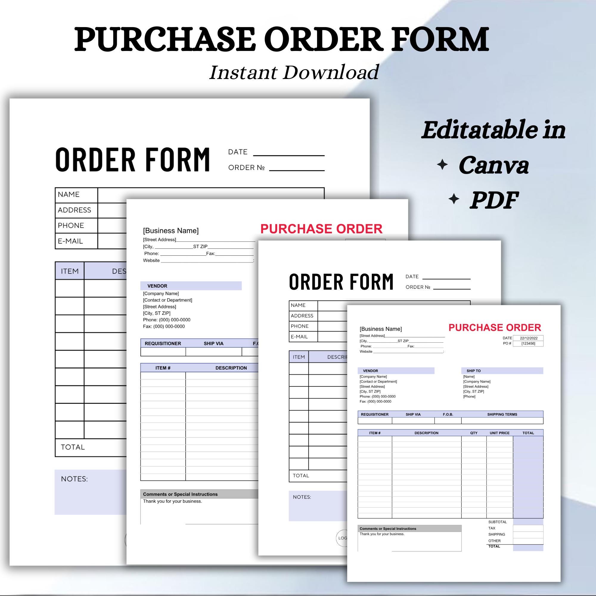 Editable Purchase Order Form Template: Customizable Business Tool (a4 ...