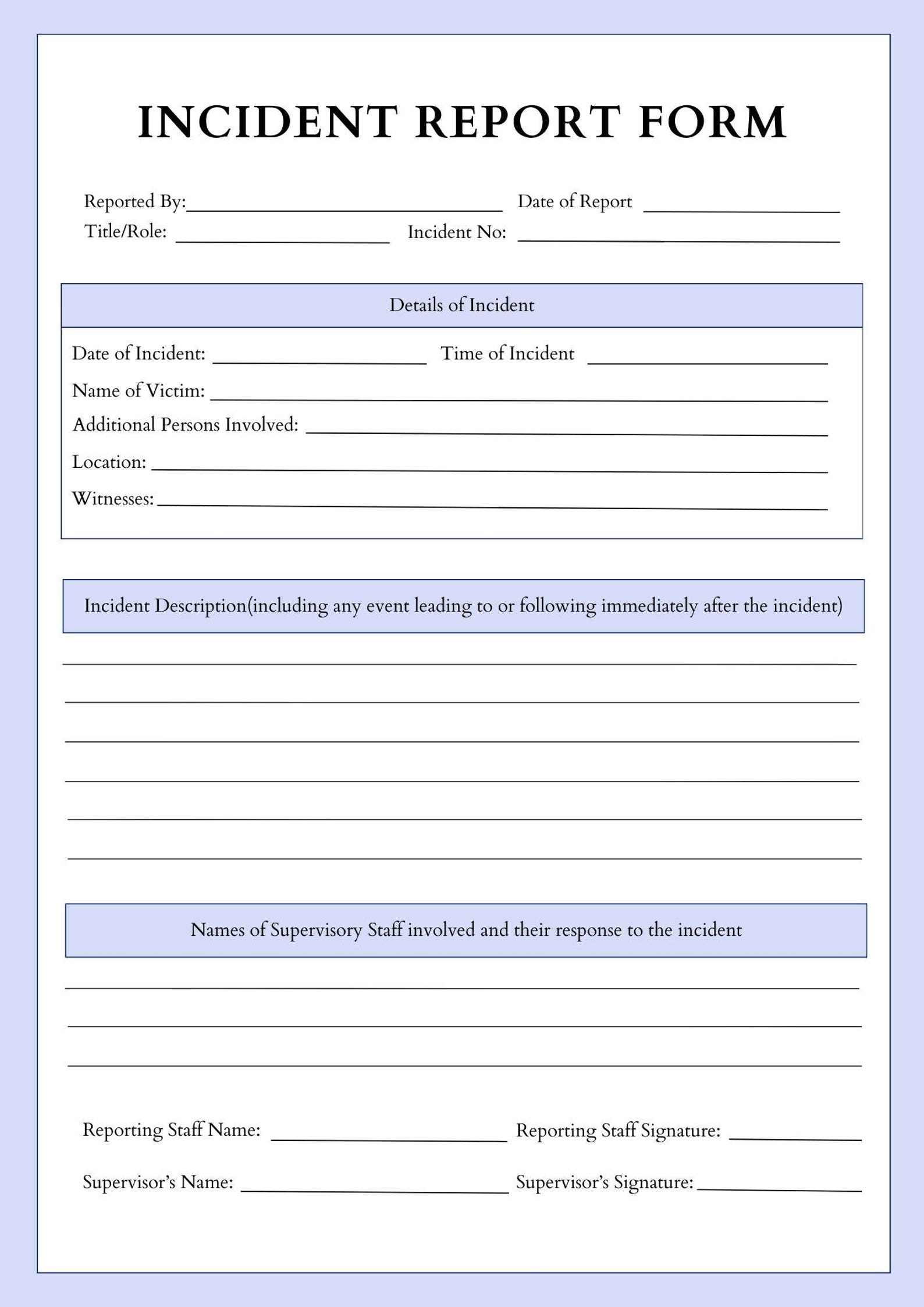 Workplace Incident Report Form | Incident Report Templates | Injury ...