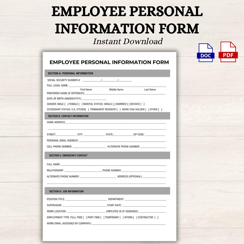 Editable Employee Personal Information Form | Printable HR Onboarding ...