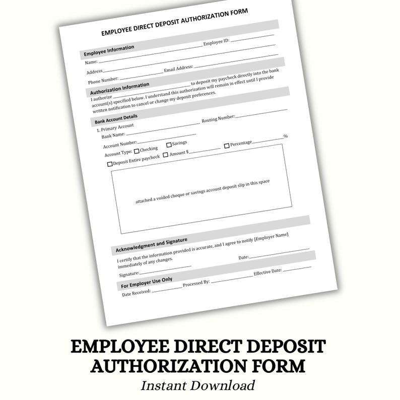 Employee Direct Deposit Form Template: Printable Payroll Authorization ...