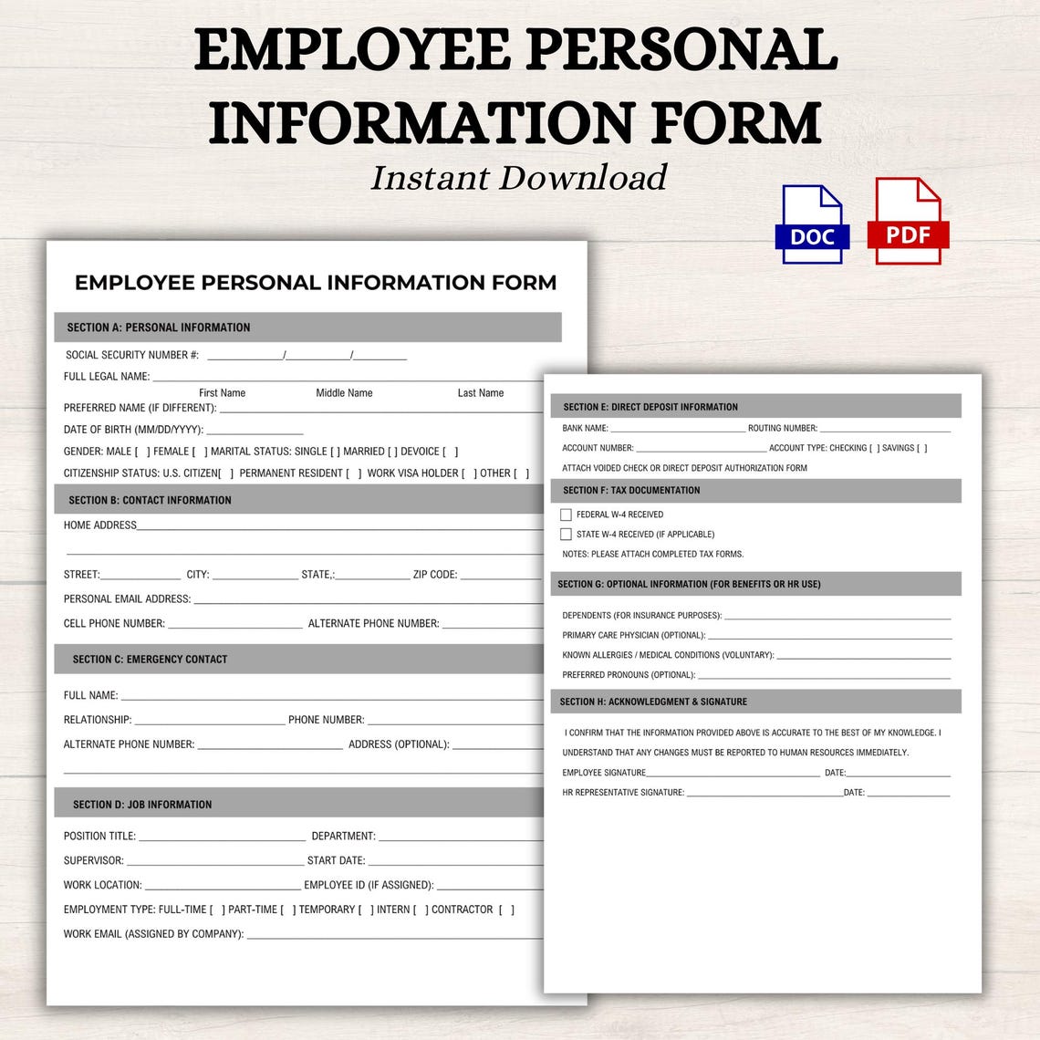 Editable Employee Information Form: HR Onboarding Template (printable ...