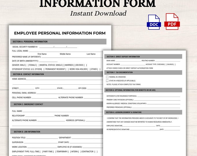 Editable Employee Information Form: HR Onboarding Template (printable ...