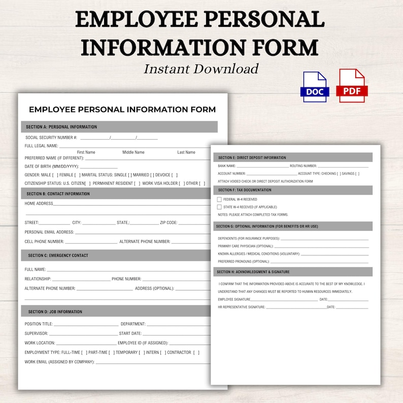 Editable Employee Information Form: HR Onboarding Template (printable ...