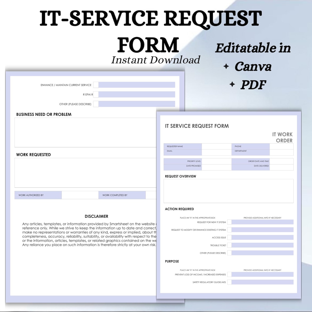 Editable IT Service Request Form Template | Instant Download ...