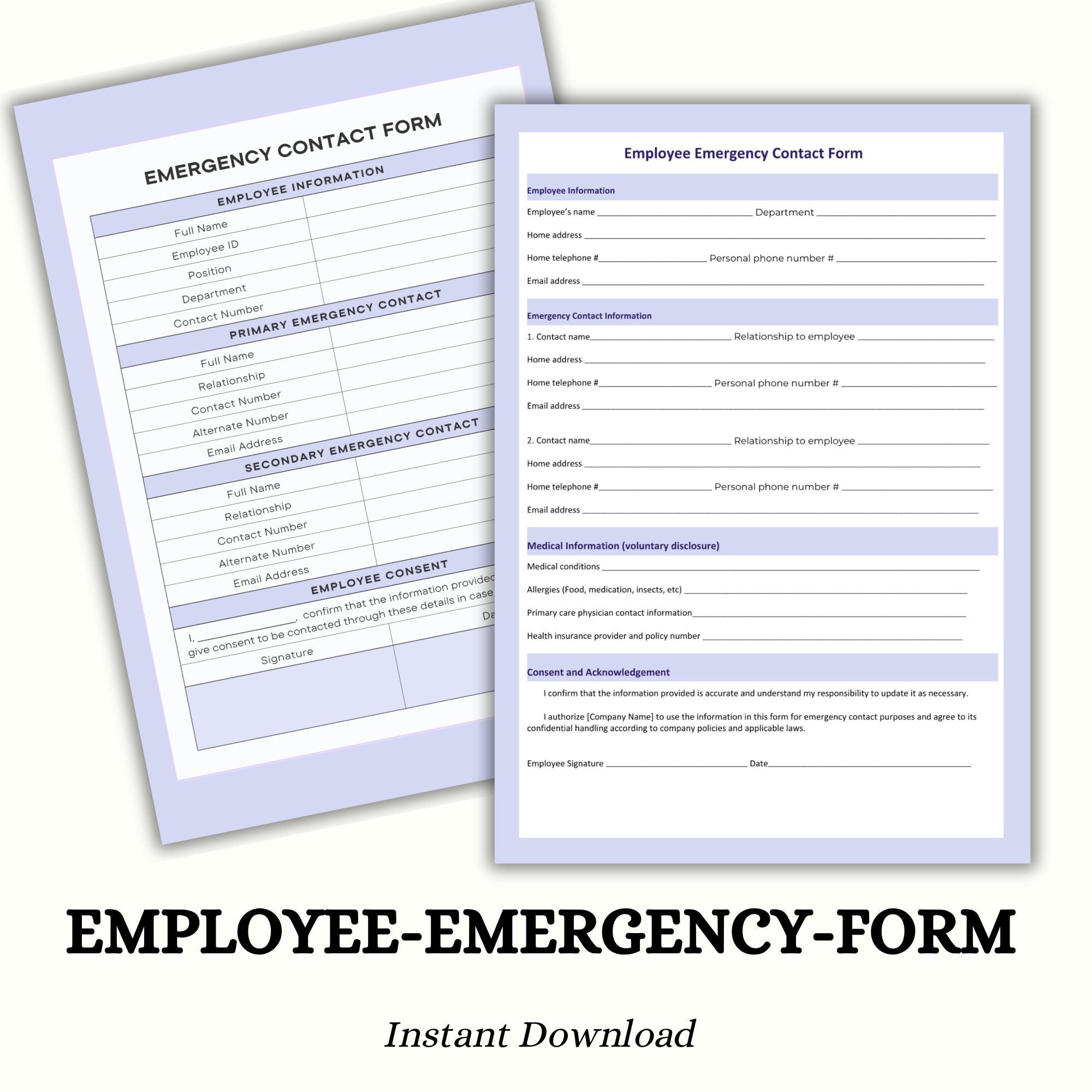 Editable Employee Emergency Form Template | Printable Emergency Contact ...