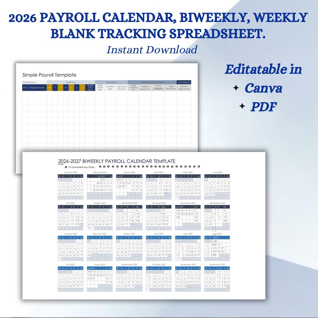 2026 Payroll Calendar | Biweekly & Weekly Payroll Tracker | Blank ...
