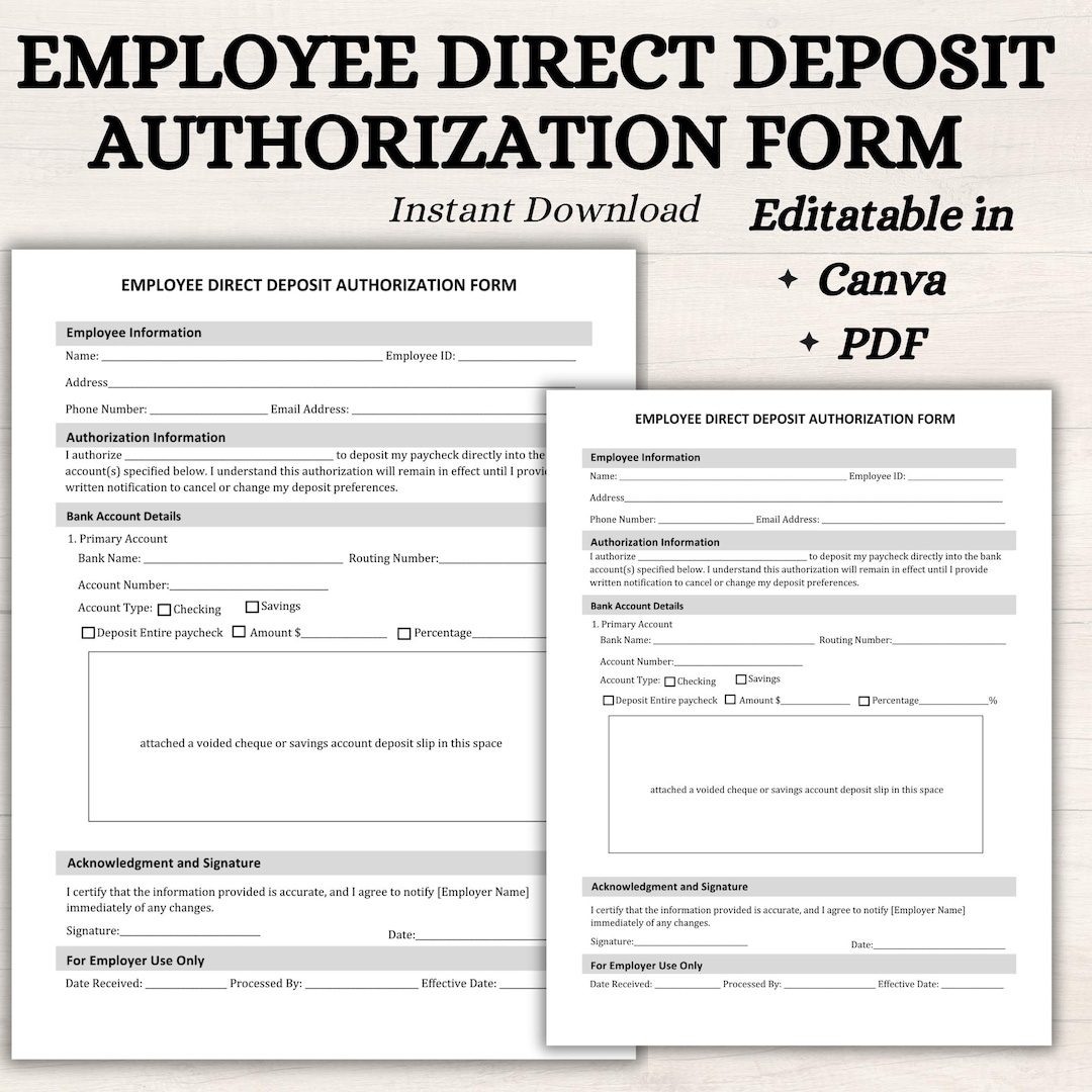 Employee Direct Deposit Form Template: Printable Payroll Authorization ...