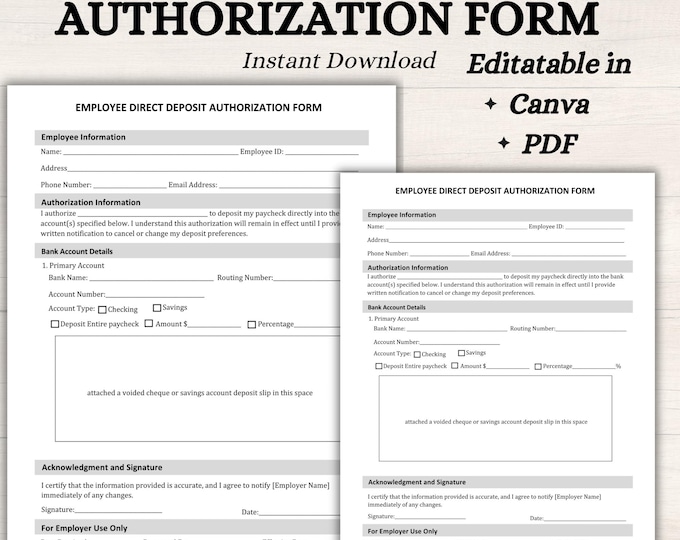 Employee Direct Deposit Form Template: Printable Payroll Authorization ...