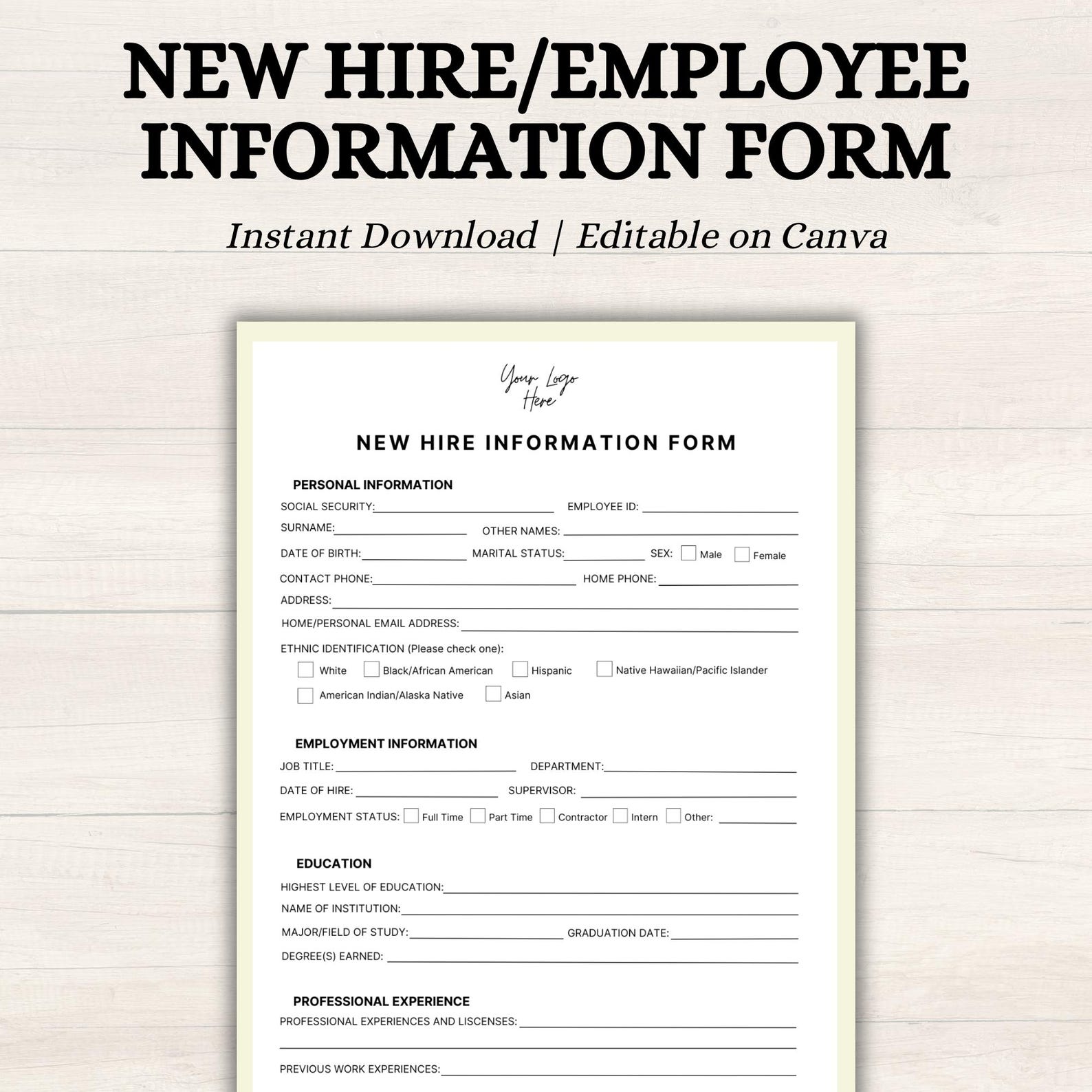 New Hire Information Form | New Hire Checklist | Employee Information ...