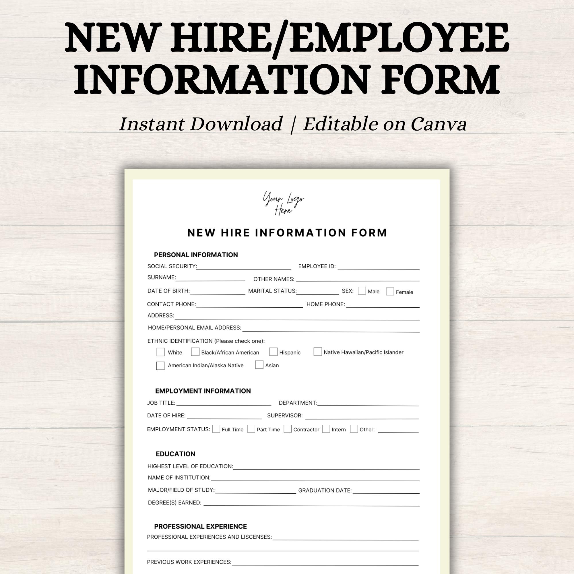 New Hire Information Form | New Hire Checklist | Employee Information ...