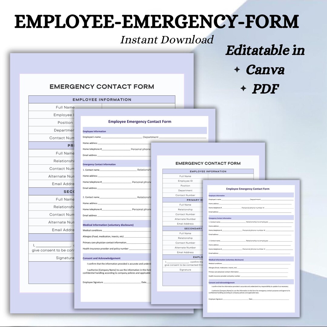 Editable Employee Emergency Form Template | Printable Emergency Contact ...