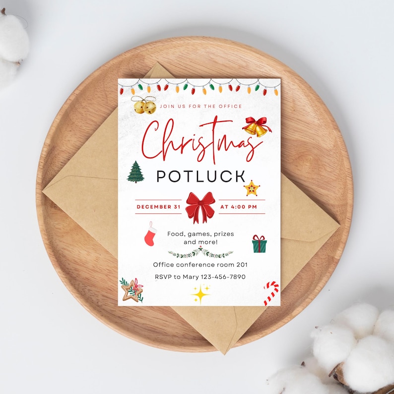Office Christmas Potluck Invitation: Editable Holiday Party Flyer ...