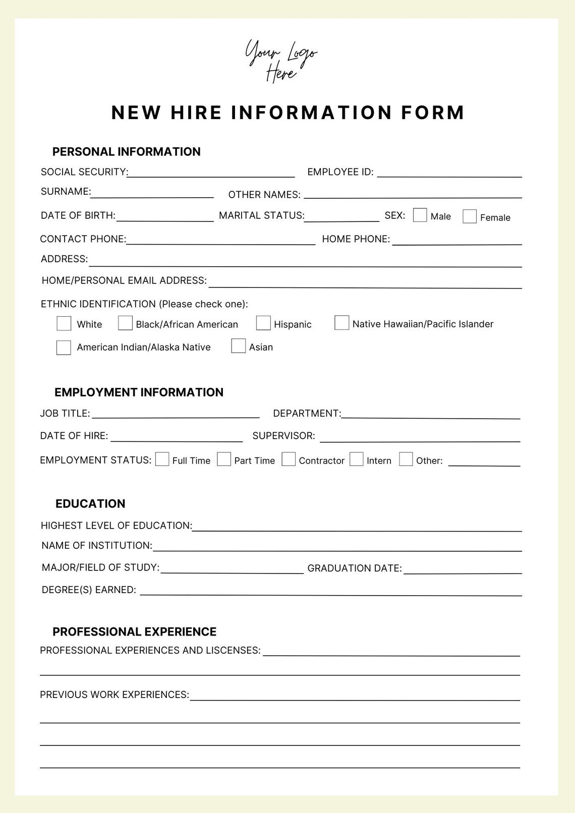 New Hire Information Form | New Hire Checklist | Employee Information ...