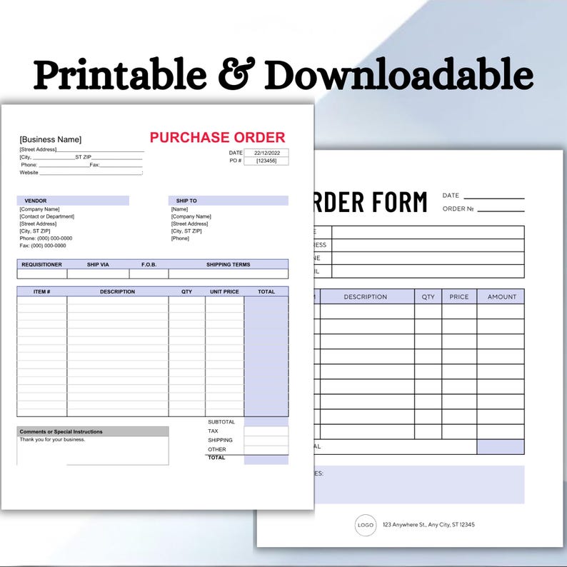 Editable Purchase Order Form Template, Printable Order Form ...