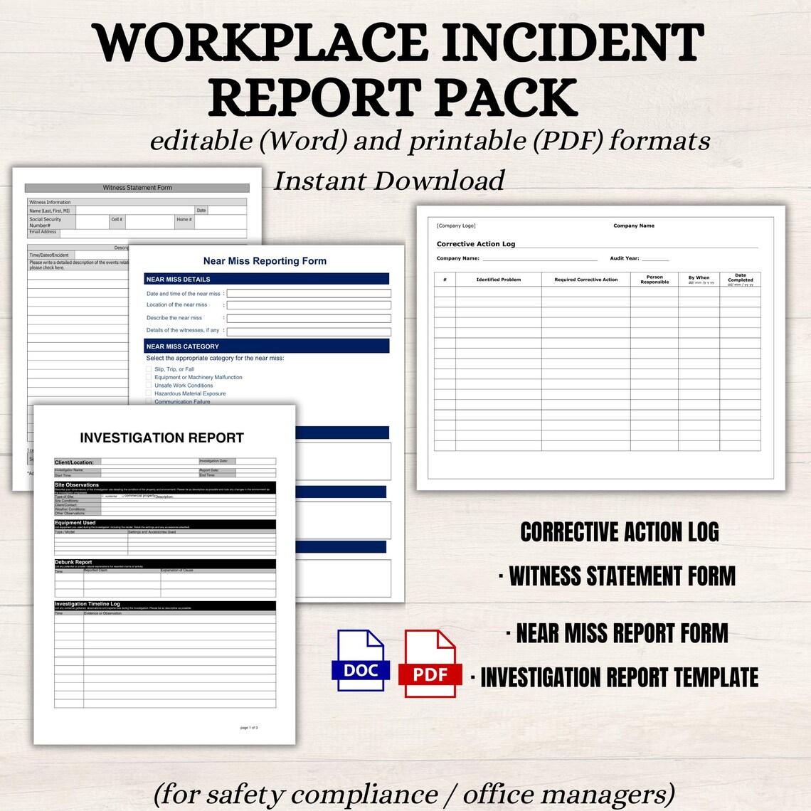 Workplace Incident Report Pack | Safety Compliance Forms for Office ...