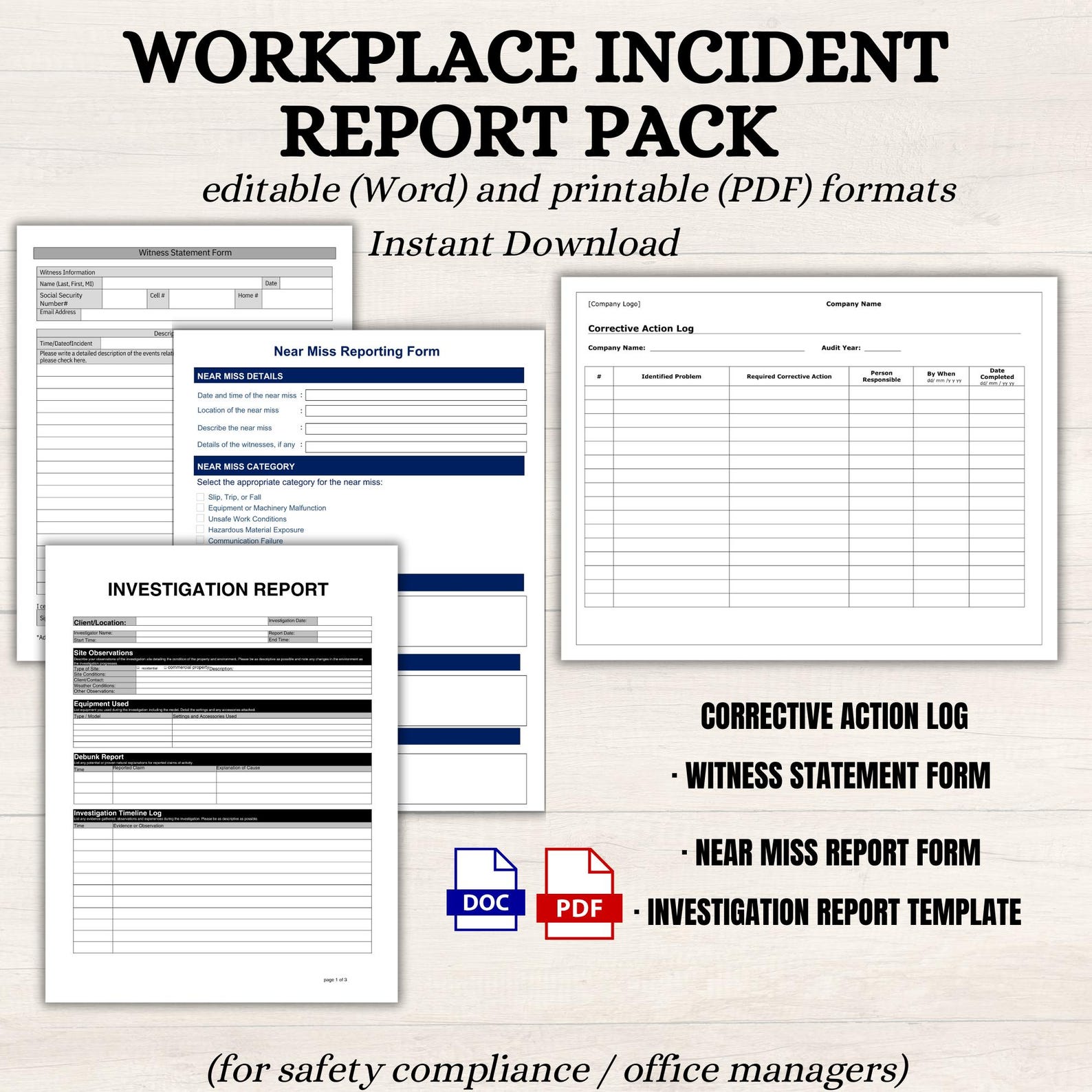 Workplace Incident Report Pack | Safety Compliance Forms for Office ...