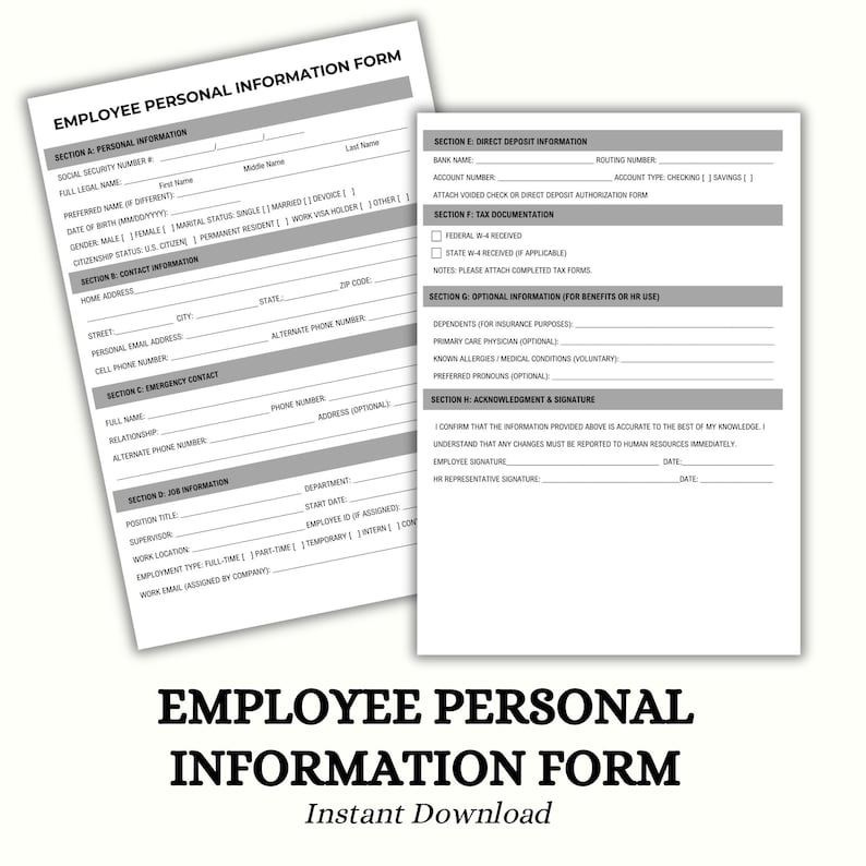 Editable Employee Information Form: HR Onboarding Template (printable ...