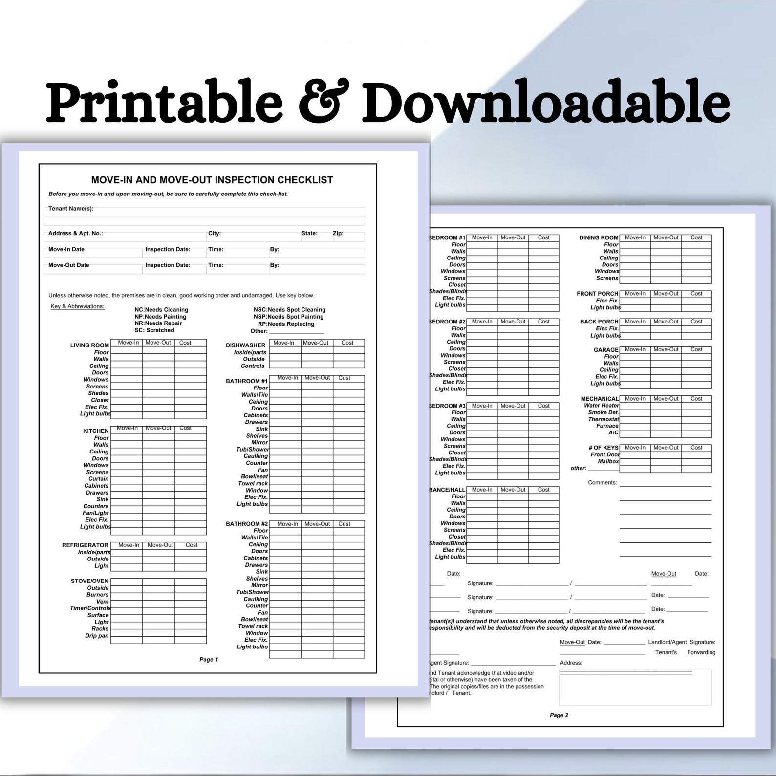Move-in & Move-out Inspection Checklist | Printable Rental Property ...