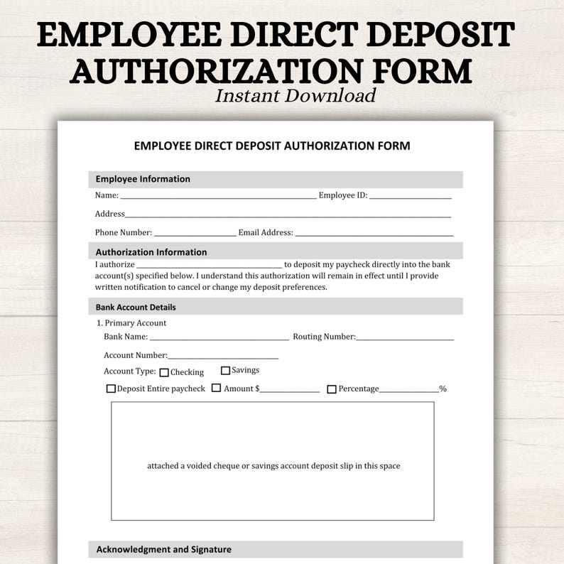Employee Direct Deposit Form Template: Printable Payroll Authorization ...
