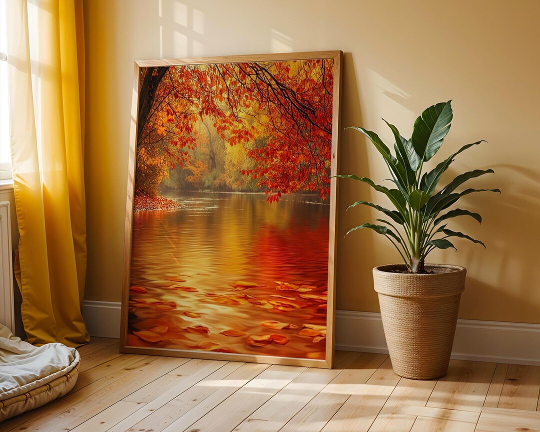 Autumn Riverbank With Falling Leaves - Peaceful Fall Landscape, Rustic ...