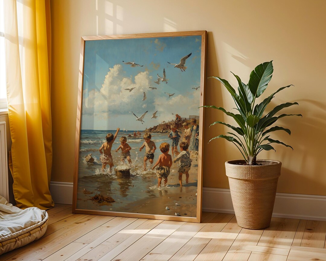 Children Playing at the Beach - Vintage Summer Seaside Painting ...