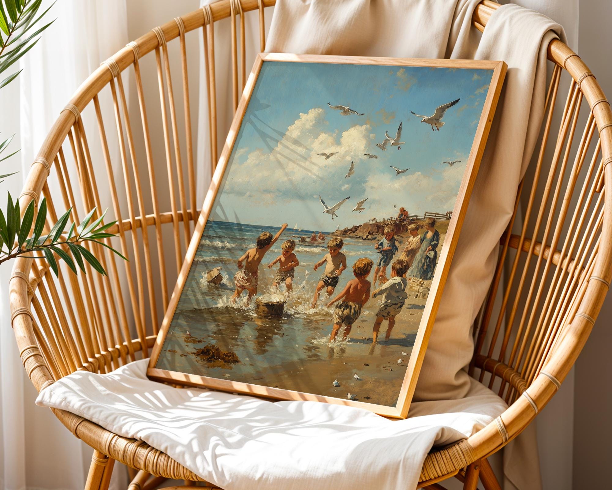 Children Playing at the Beach - Vintage Summer Seaside Painting ...