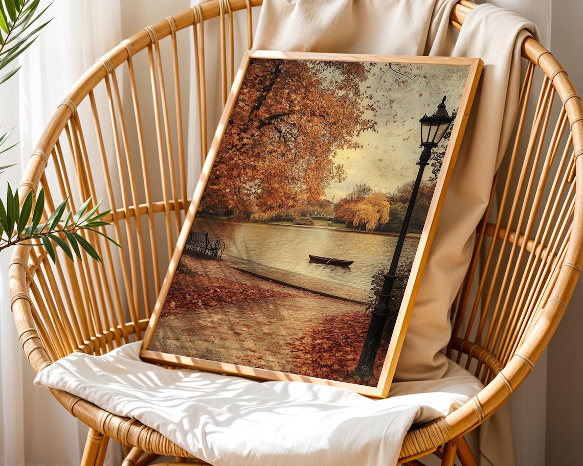 Autumn Park Path With Lamplight - Moody Fall Landscape Print, Rustic ...