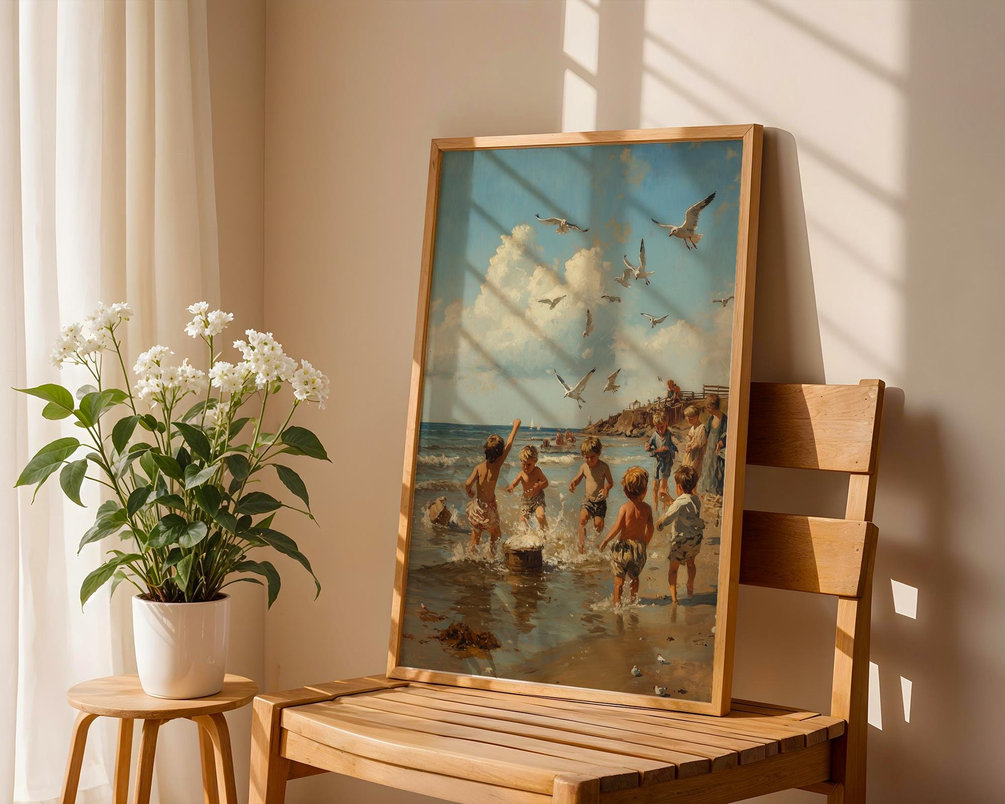Children Playing at the Beach - Vintage Summer Seaside Painting ...