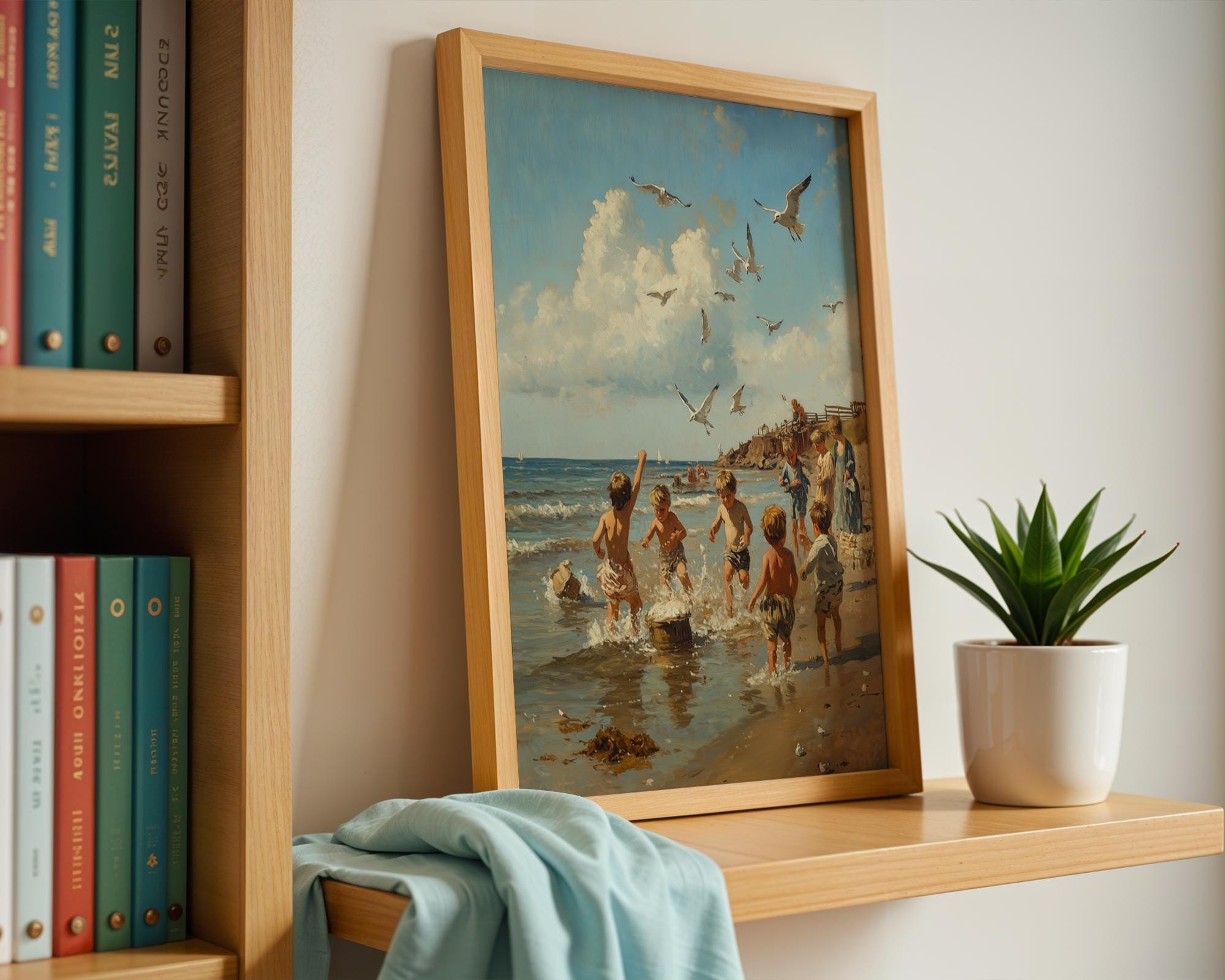 Children Playing at the Beach - Vintage Summer Seaside Painting ...
