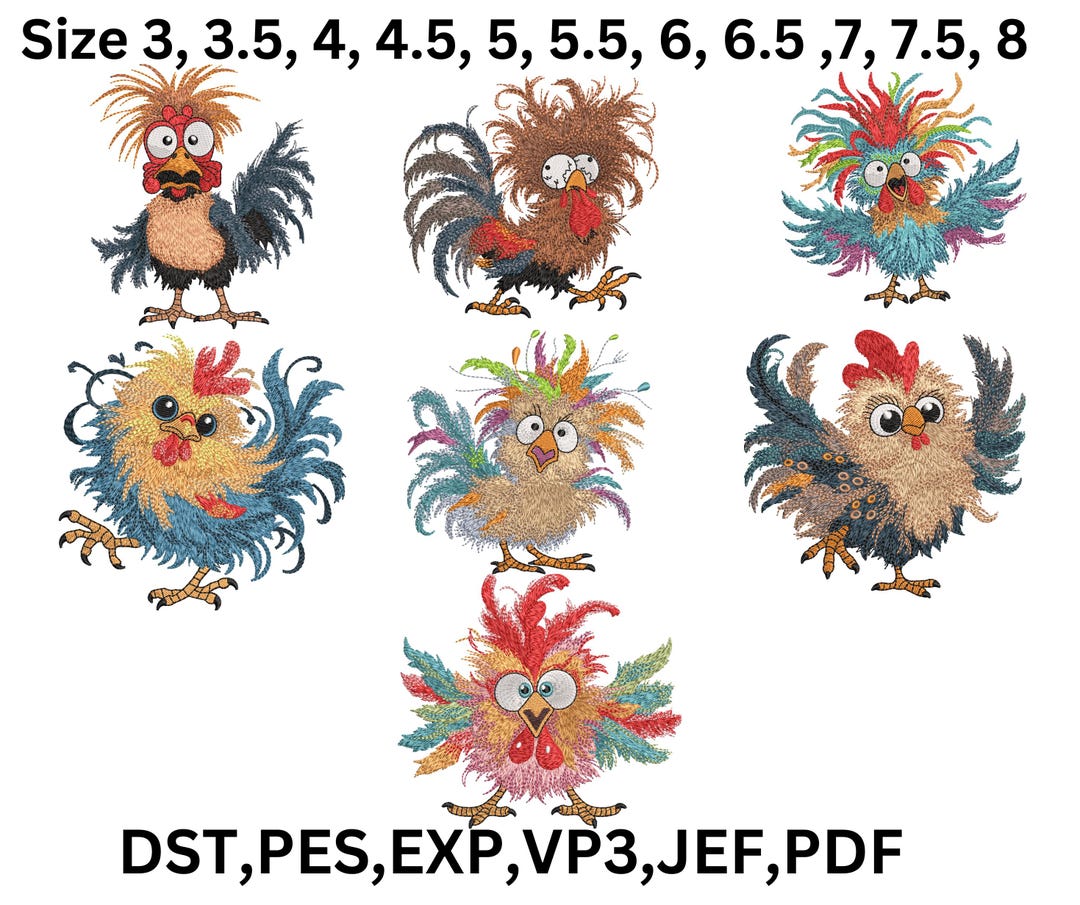 7 Funny Chicken Embroidery Design, Crazy Rooster Machine File, 9 Sizes ...
