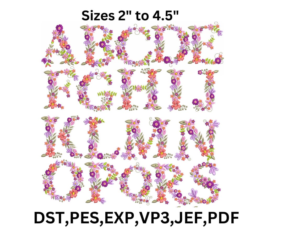 Floral Alphabet Embroidery Design, A-Z Font 1.5 to 4 Sizes (digital ...