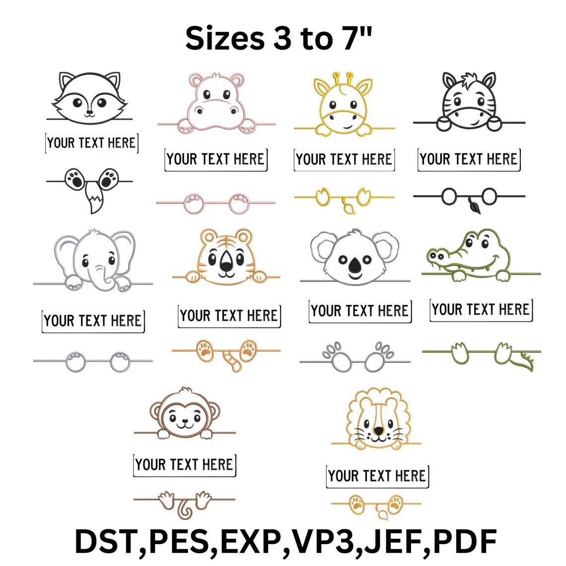 Safari Animals Text Outline Embroidery Designs, Baby Zoo Animal Bundle ...