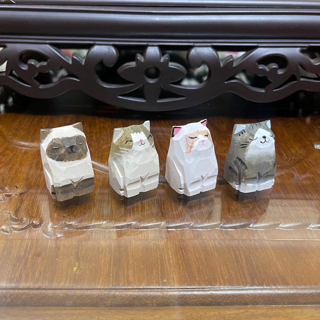 Wooden Cat Statue Handmade, Wooden Cat Cute Sculpture, Cat Ornaments ...