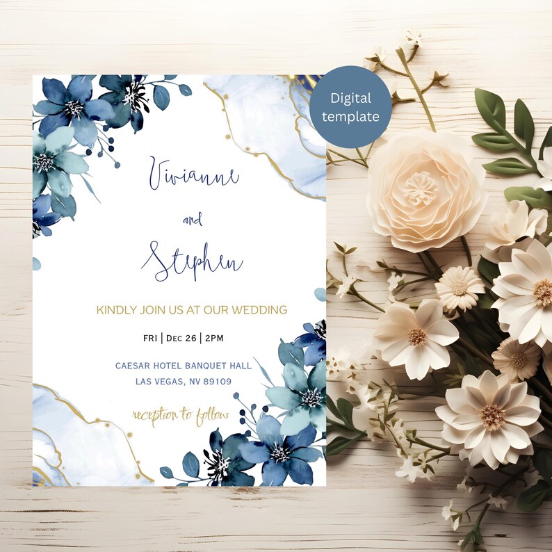 Blue Floral Wedding Invitation Template: Elegant Spring Design (digital ...