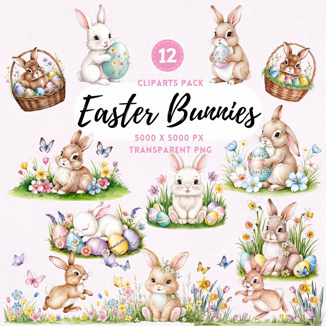 Watercolor Easter Bunny Clipart Bundle - 12 Cute Pastel Rabbit ...