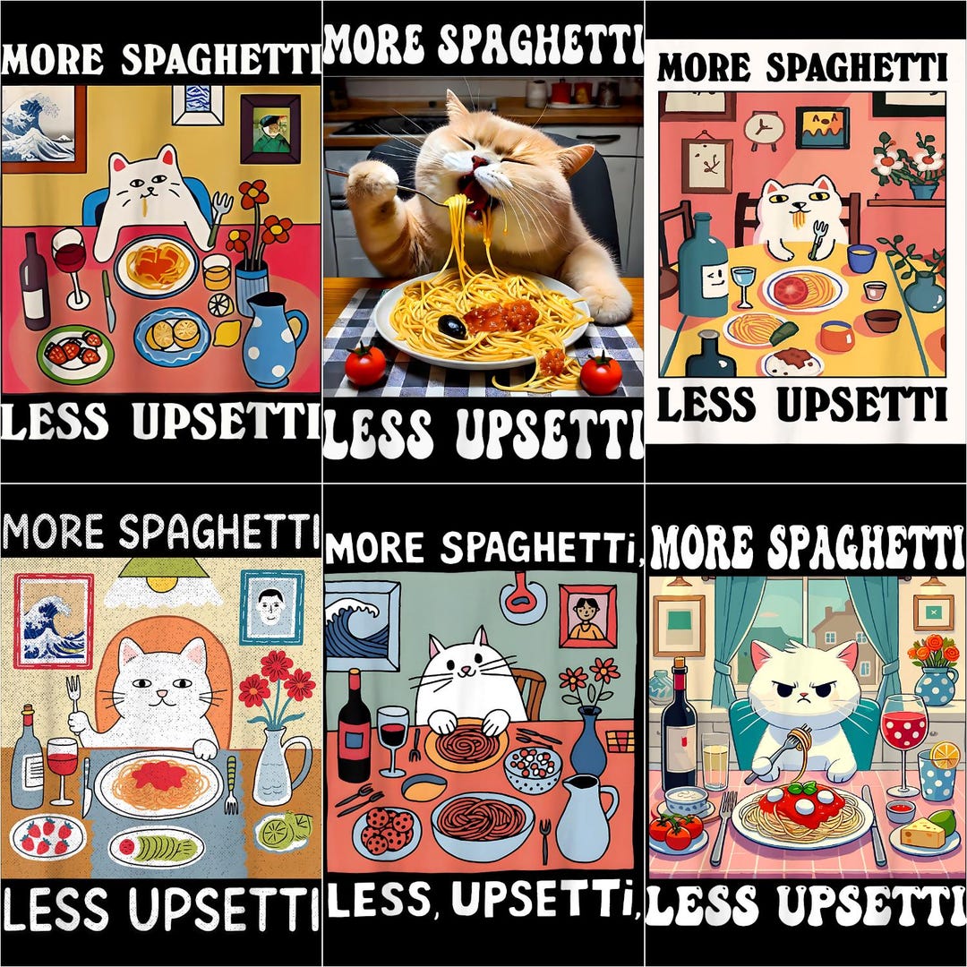 More Spaghetti Less Upsetti PNG Bundle, Funny Cat Eating Pasta Clipart, Cute Italian Food ...