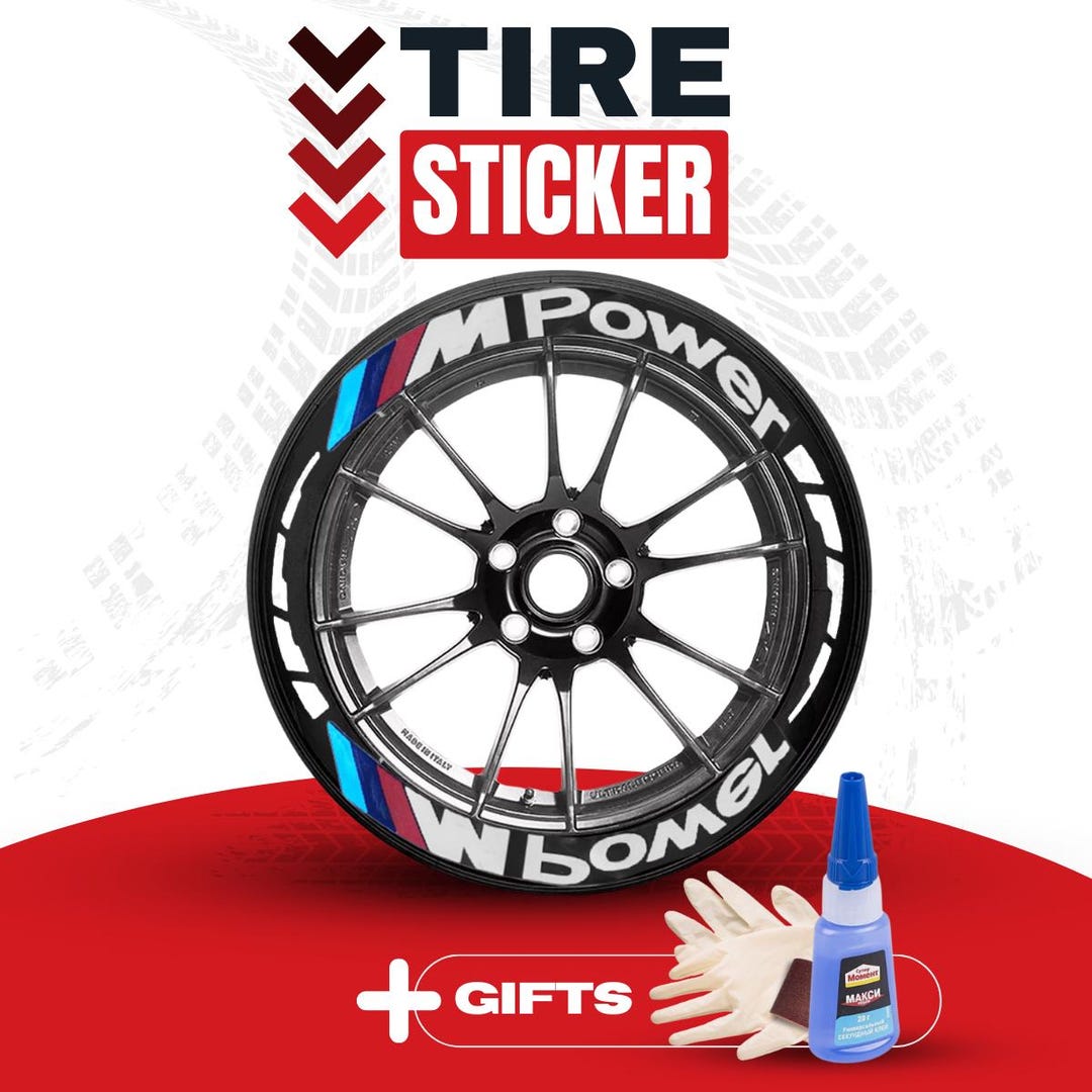 M Power Lettering Tyre Sticker White Striped Fits to 16"-22" Permanent ...