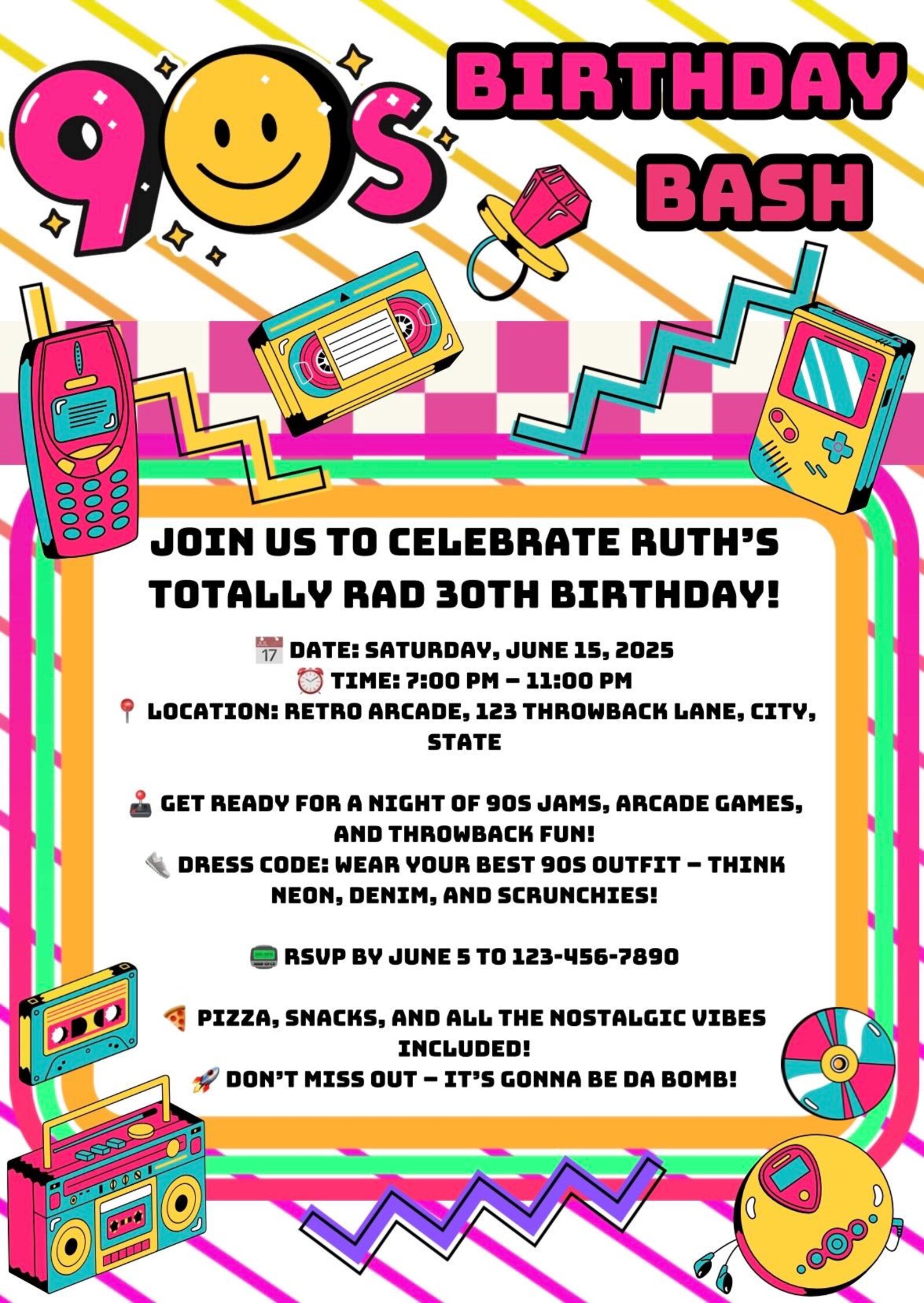 90s Birthday Invitation | Retro Party Invite | Editable Canva Template ...