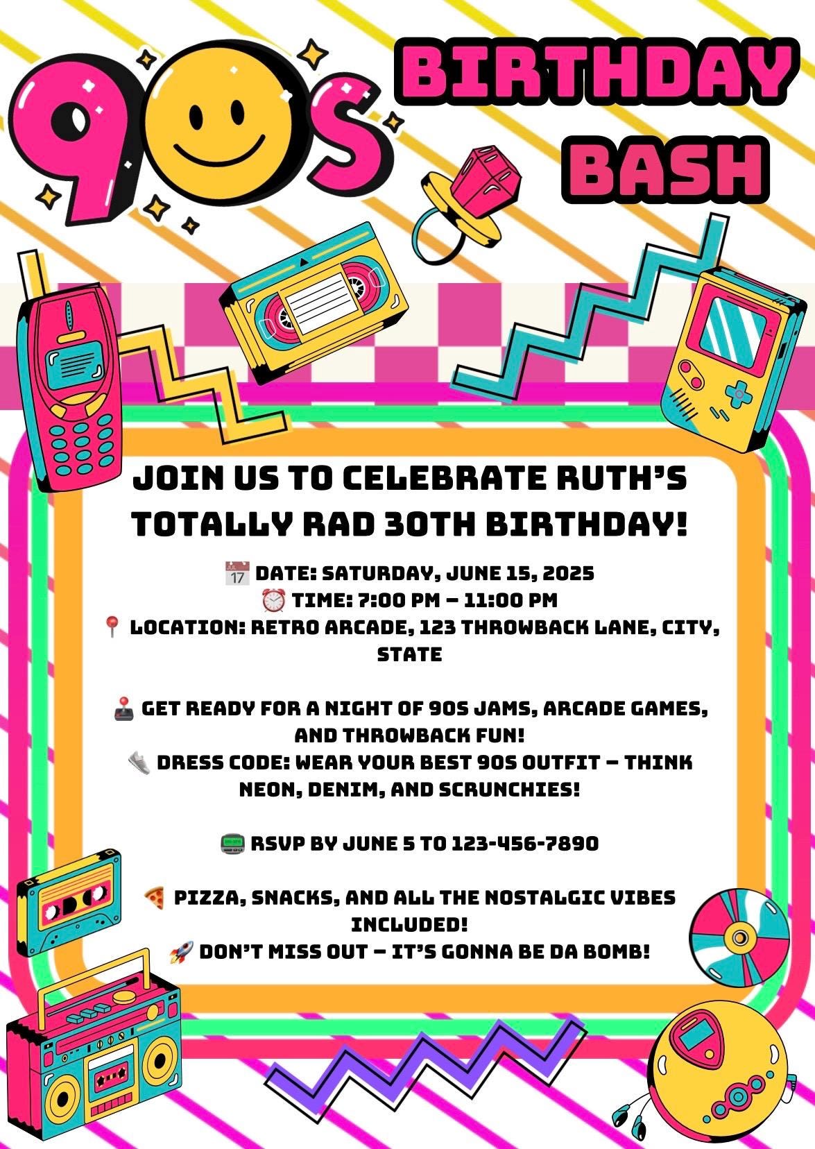90s Birthday Invitation | Retro Party Invite | Editable Canva Template ...