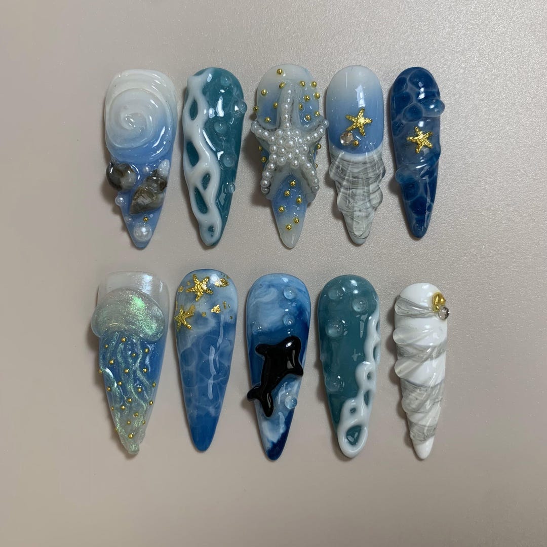 Deep Sea Odyssey & Marine Life Soft Gel Press-on Nails – Handmade ...