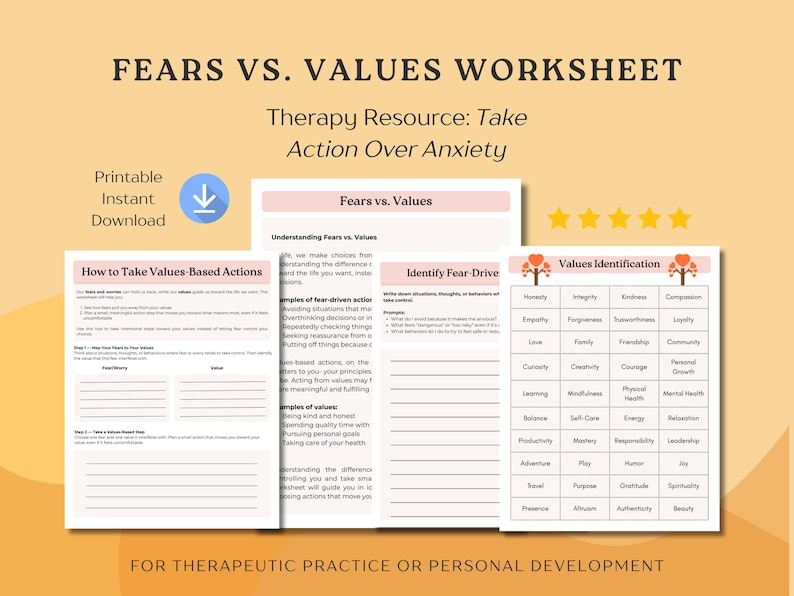 Anxiety & OCD Worksheet | Fears Vs Values Exercise | CBT ERP Printable ...