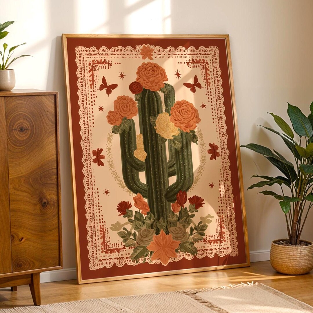 Mexican Folk Art Cactus Digital Print | Desert Wall Art With Flowers ...